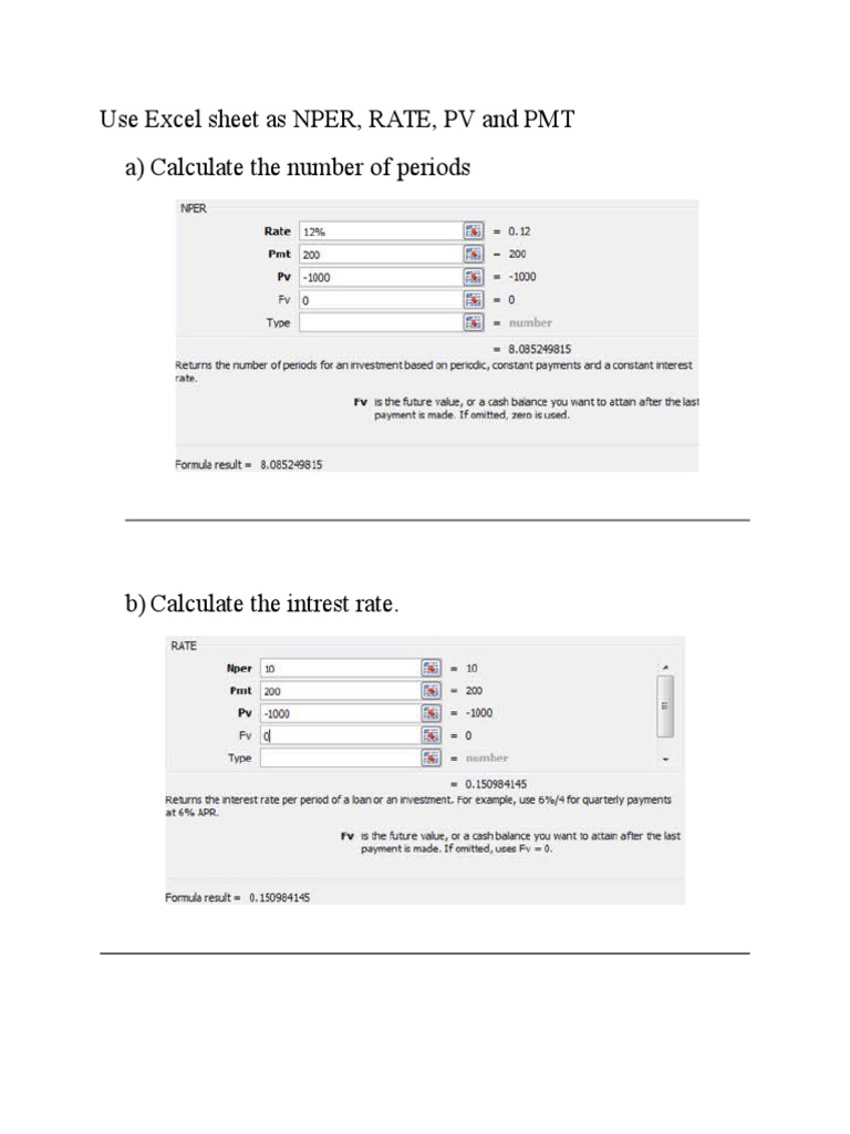 Use Excel Sheet As NPER, RATE, PV and PMT A) Calculate The Number of ...
