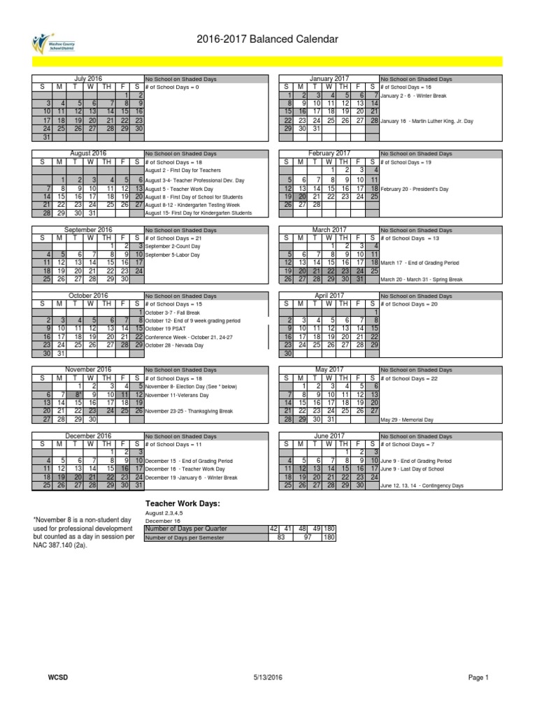 Washoe County School Calendar 2016-17 | PDF | Schools | Educational ...