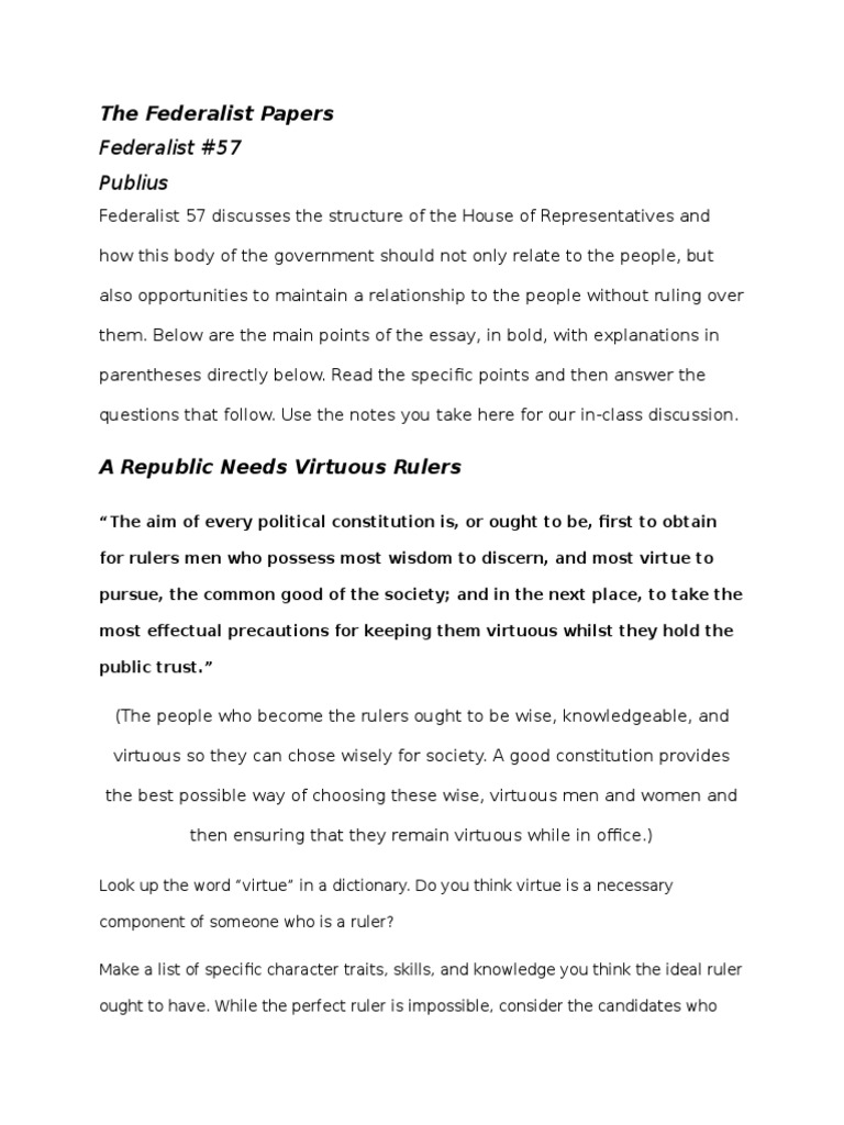 Federalist 57 Worksheet | PDF | The Federalist Papers | Virtue