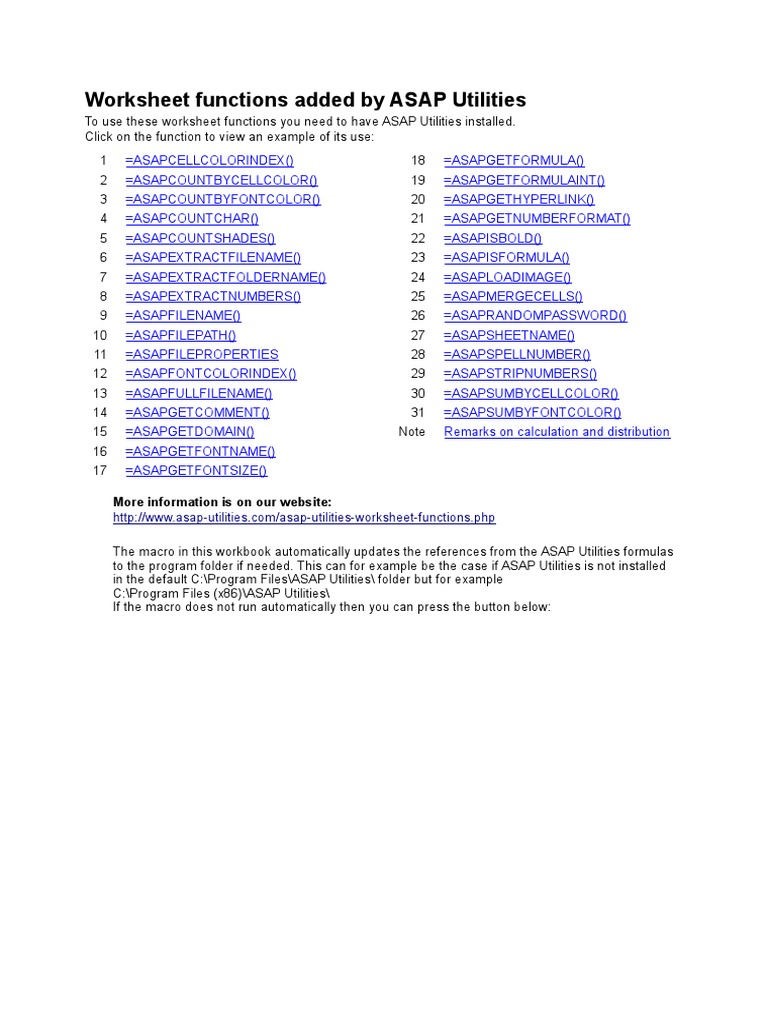 ASAP Utilities Excel Functions Guide | PDF