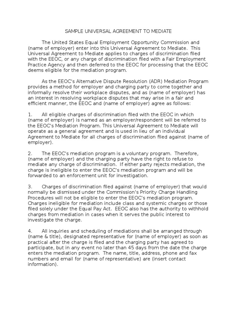 Sample Universal Agreement To Mediate | PDF | Equal Employment Opportunity Commission | Mediation