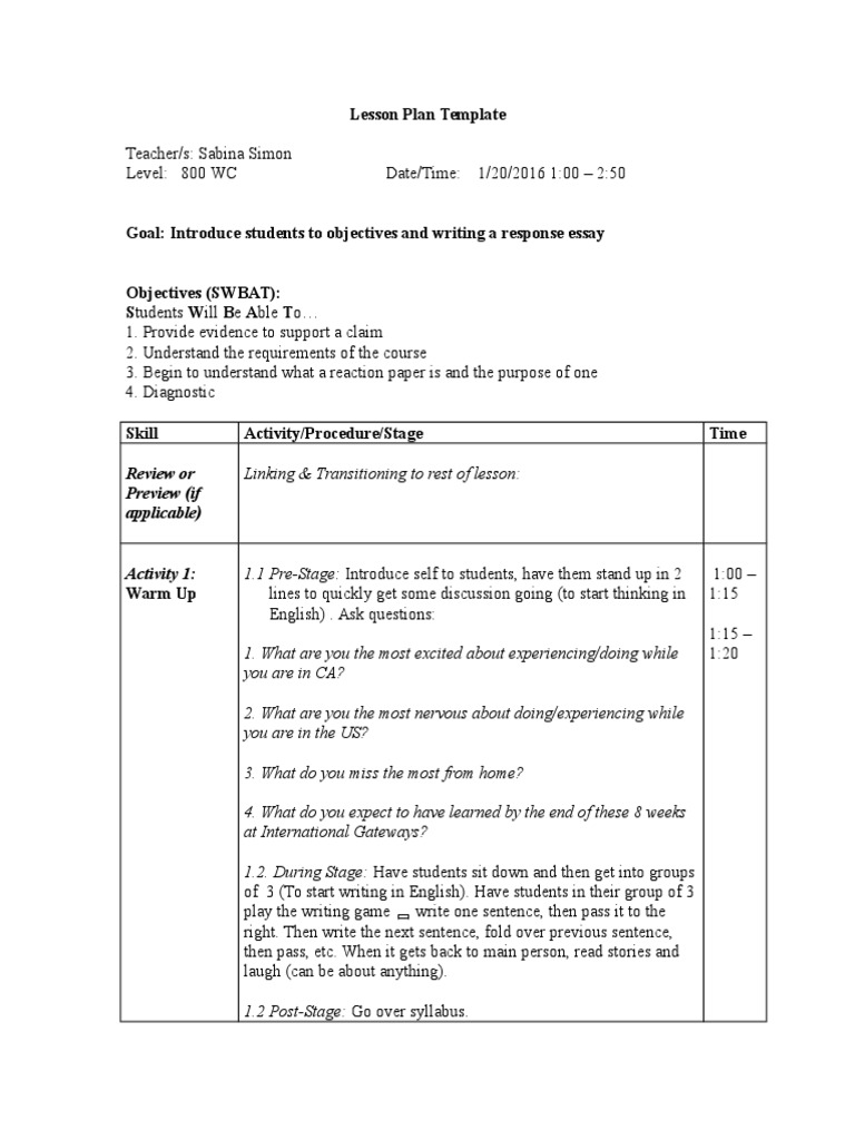 Lesson Plan Template: Review or Preview (If Applicable) | PDF | Lesson ...