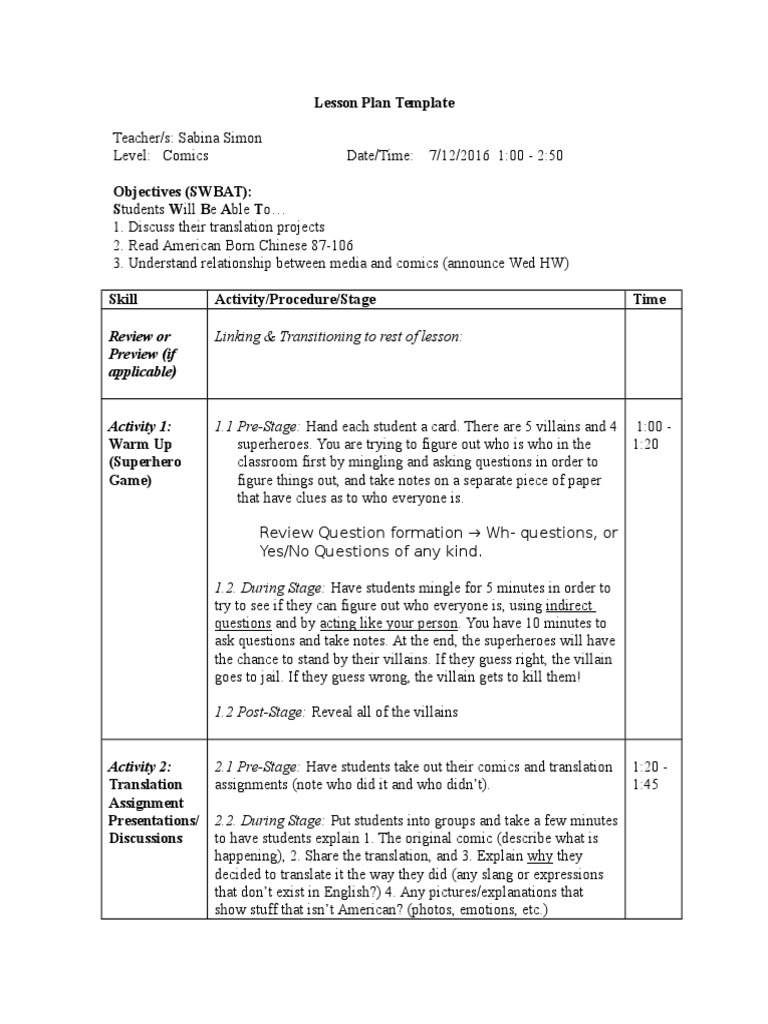 Lesson Plan Template: Review or Preview (If Applicable) | PDF | Batman ...