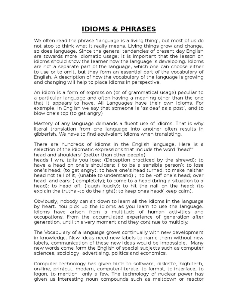 Idioms n Phrases | Idiom | Essays