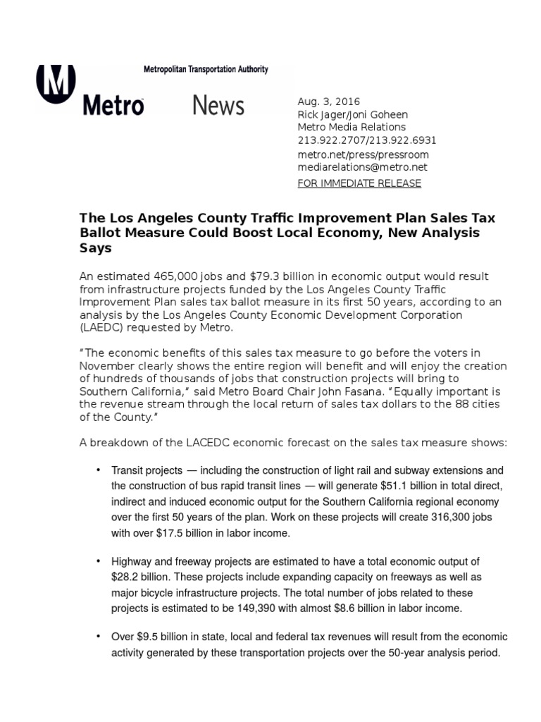 HYMONEDITSEconomic Benefits of Sales Tax Measure News Release | PDF ...