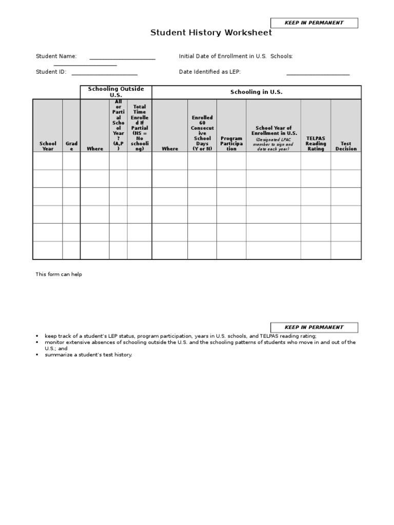 Student History Worksheet | PDF