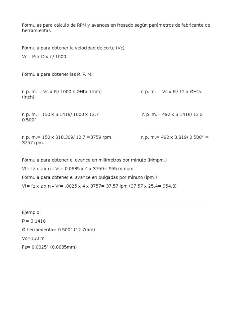 Fórmulas para Cálculo de RPM y Avances en Fresado | PDF