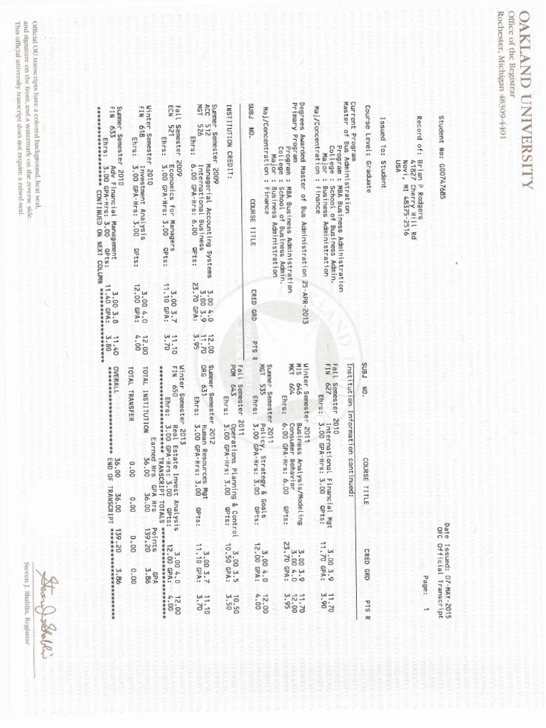 Oakland University Transcript | PDF