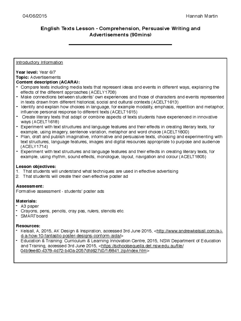 Lesson Plan 04 06 15 English Comprehension Advertisment | PDF ...