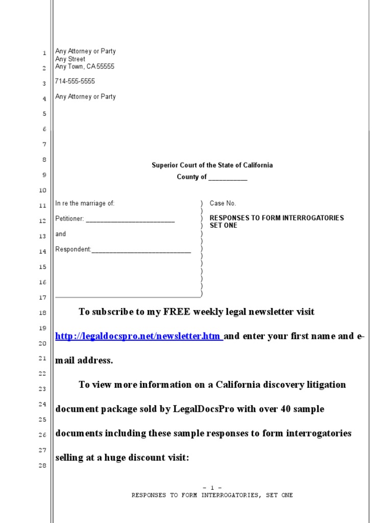 Sample Responses To Form Interrogatories For California | PDF ...
