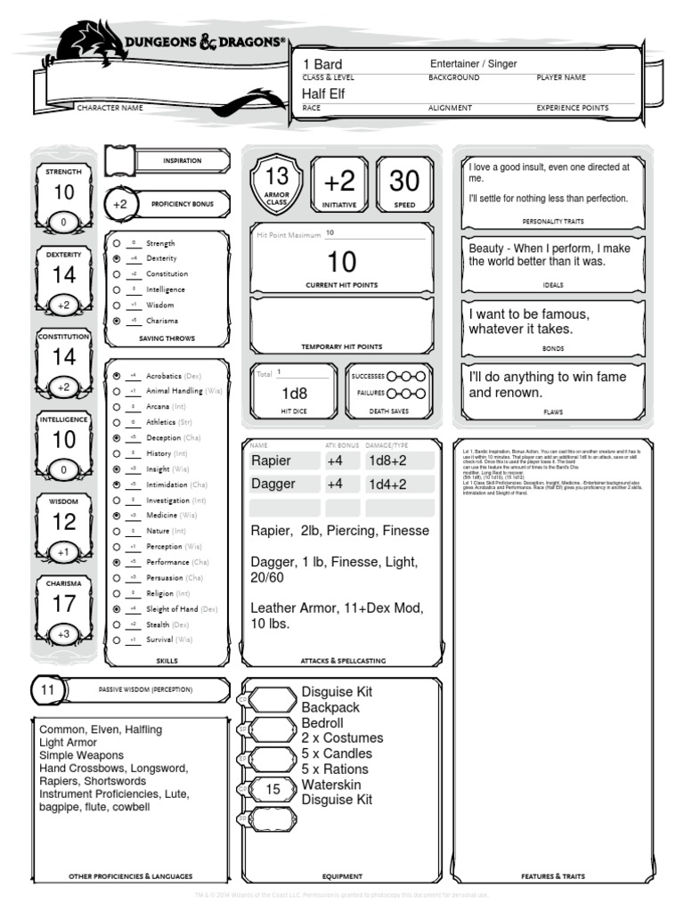 5e Lvl 1 Half Elf Bard | Role Playing | D20 System