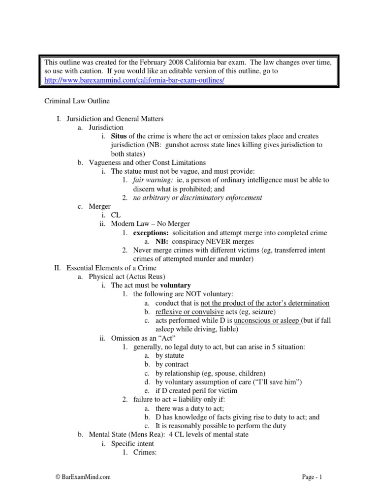CAL Criminal Law Outline PDF | PDF | Conspiracy (Criminal) | Insanity ...