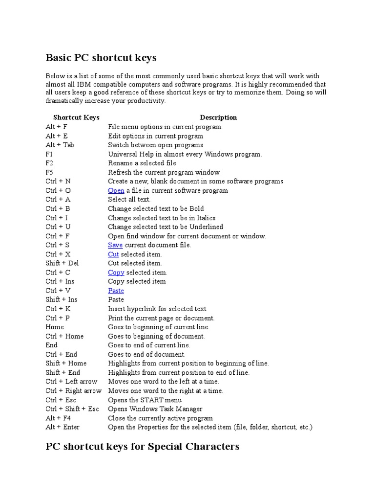 Basic PC shortcut keys.docx | Microsoft Word | Keyboard Shortcut