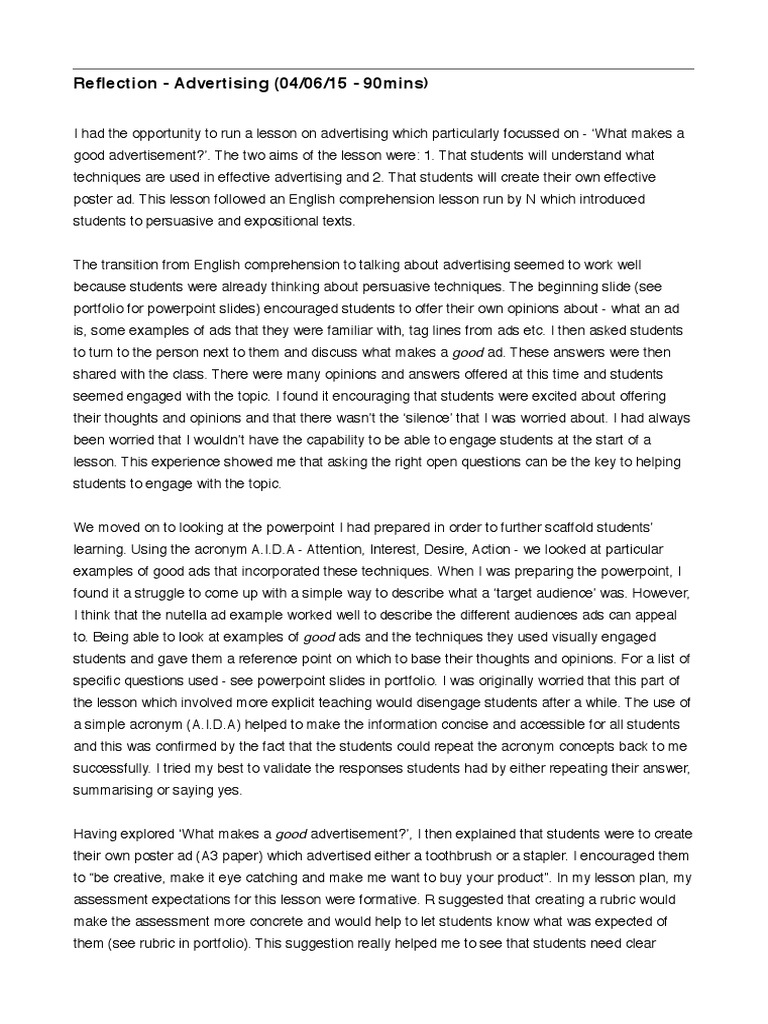 Reflection - Advertisment Lesson | PDF | Advertising | Reading ...