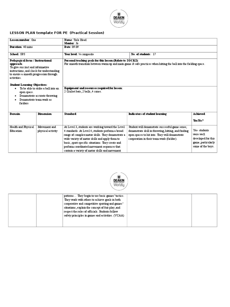 LESSON PLAN Template FOR PE (Practical Session) | PDF | Lesson Plan ...