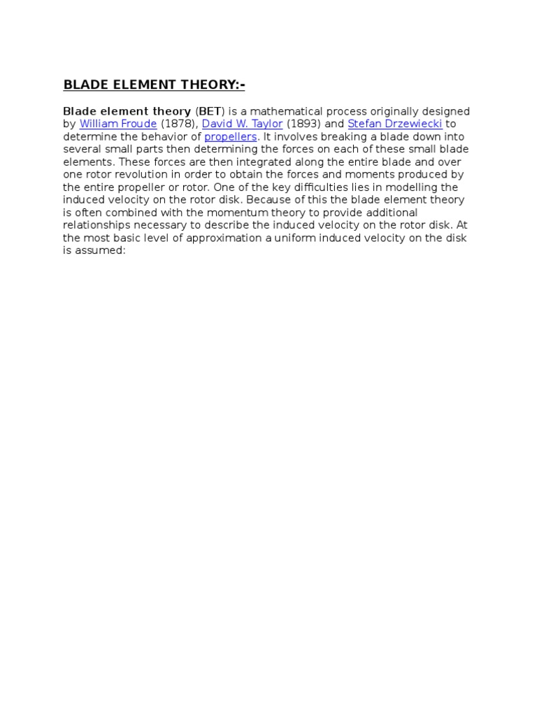 Blade Element Theory:-: William Froude David W. Taylor Stefan ...