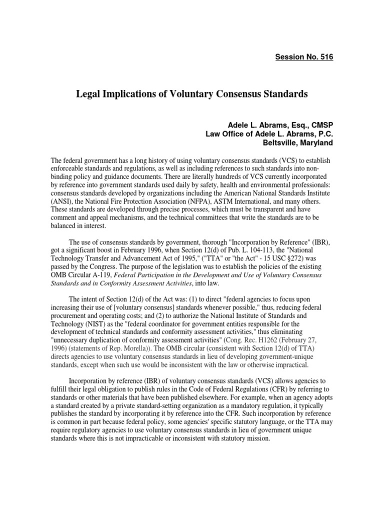 Legal Implications of Voluntary Consensus Standards: Session No. 516 | PDF