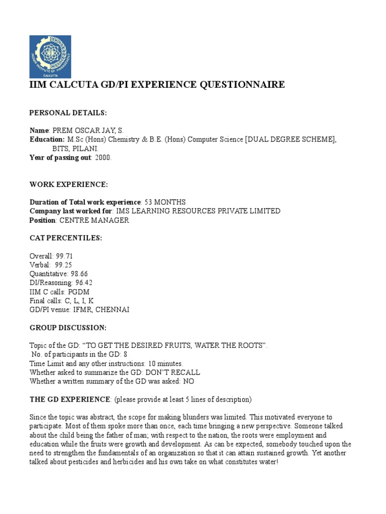 IIM Calcutta GD/PI Experience Guide | PDF | Psychological Concepts ...