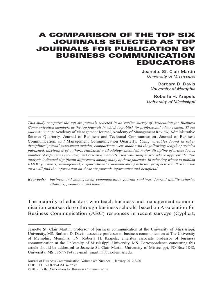 A Comparison of The Top Six Journals Selected As Top Journals For ...