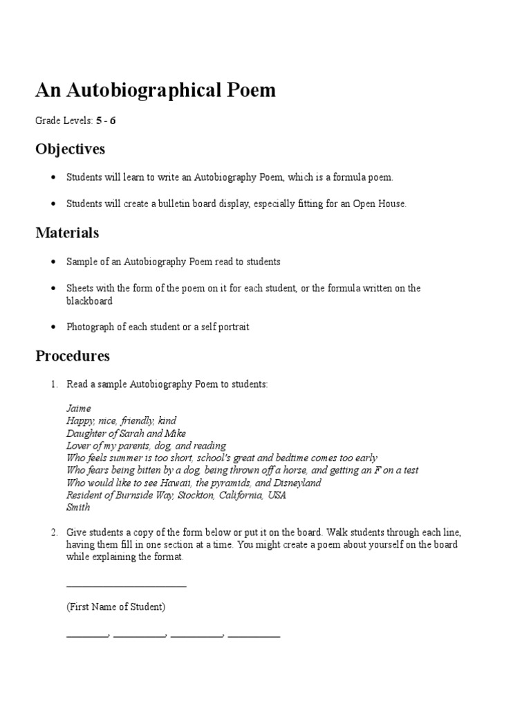 An Autobiographical Poem - Demo Lesson Plan | PDF