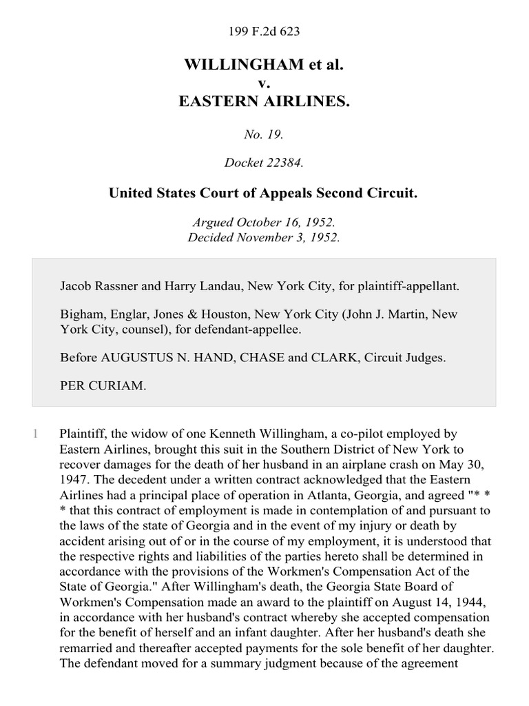 Willingham v. Eastern Airlines, 199 F.2d 623, 2d Cir. (1952) | PDF ...