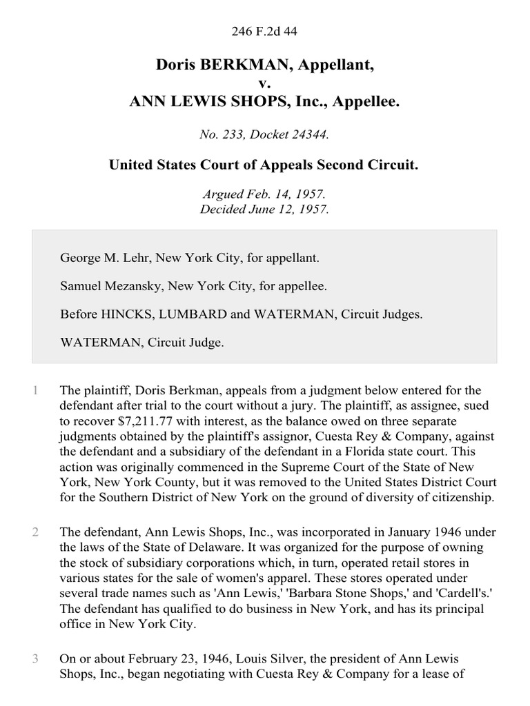 Doris Berkman v. Ann Lewis Shops, Inc., 246 F.2d 44, 2d Cir. (1957 ...