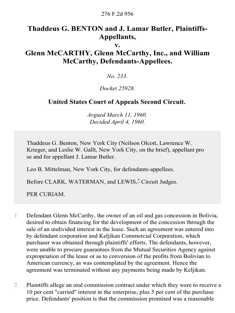 Thaddeus G. Benton and J. Lamar Butler v. Glenn McCarthy Glenn McCarthy ...