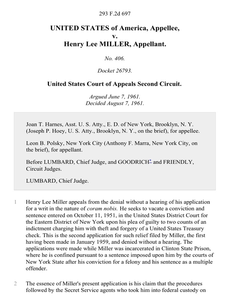 United States v. Henry Lee Miller, 293 F.2d 697, 2d Cir. (1961) | PDF ...