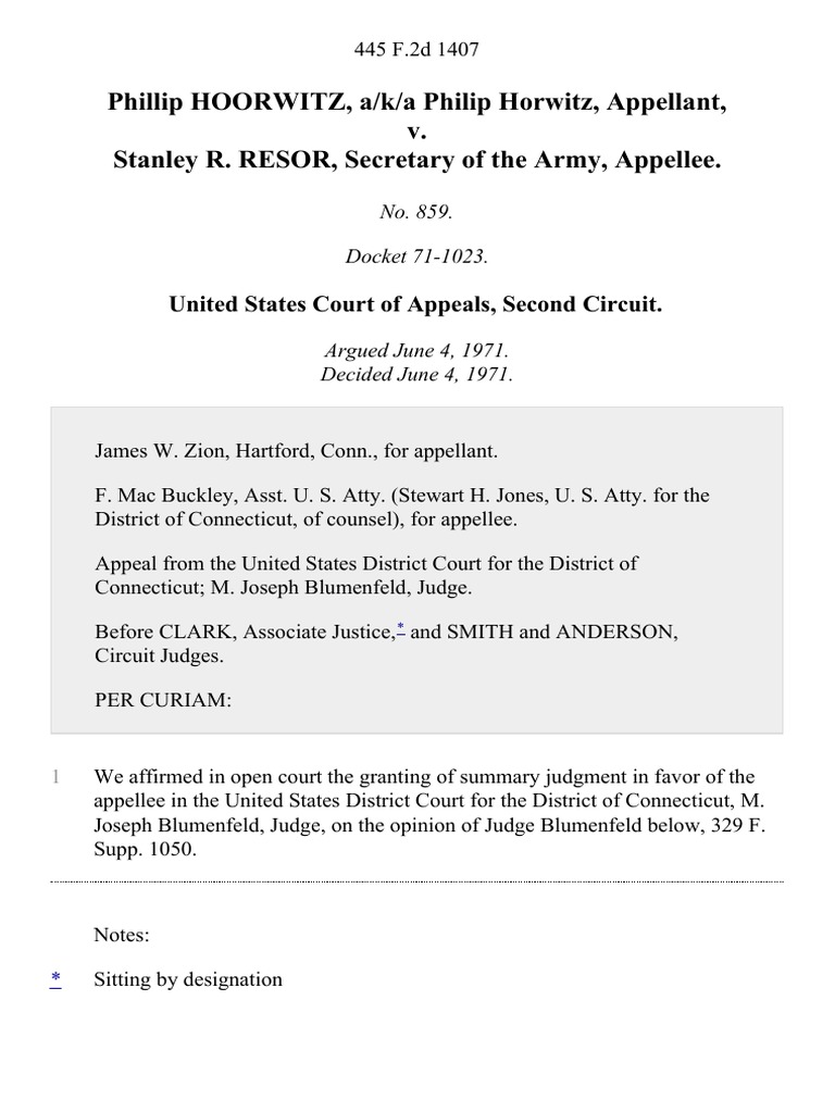 Phillip Hoorwitz, A/K/A Philip Horwitz v. Stanley R. Resor, Secretary ...