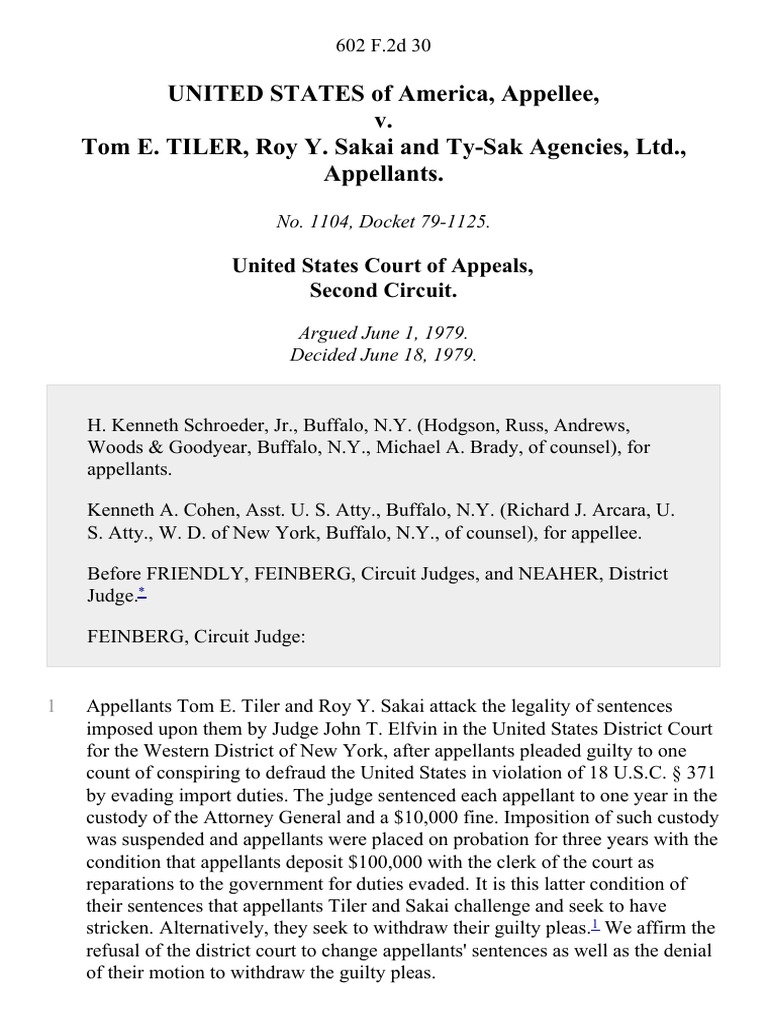 United States v. Tom E. Tiler, Roy Y. Sakai and Ty-Sak Agencies, LTD ...