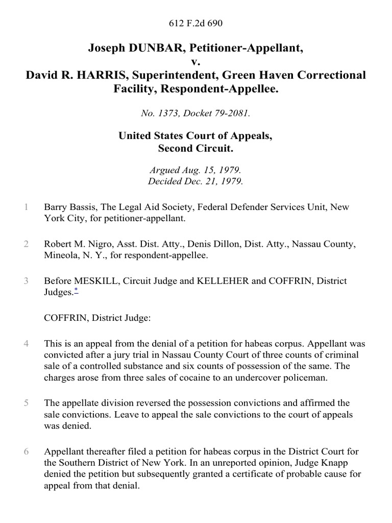 Joseph Dunbar v. David R. Harris, Superintendent, Green Haven ...
