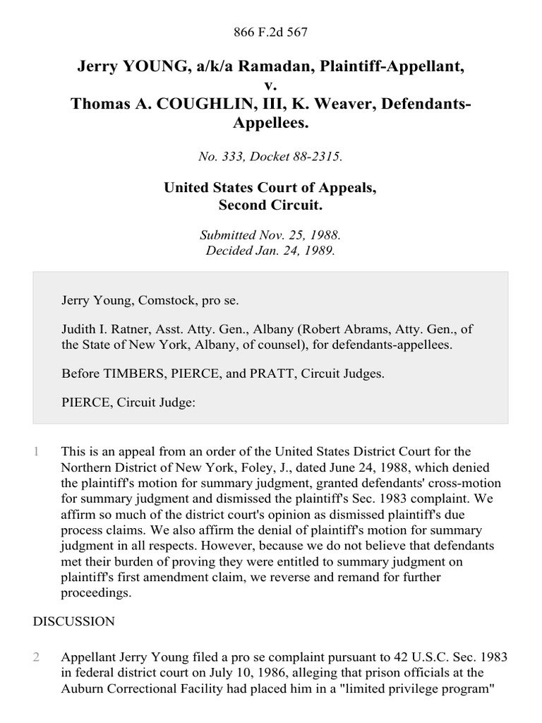 Jerry Young, A/K/A Ramadan v. Thomas A. Coughlin, Iii, K. Weaver, 866 F ...