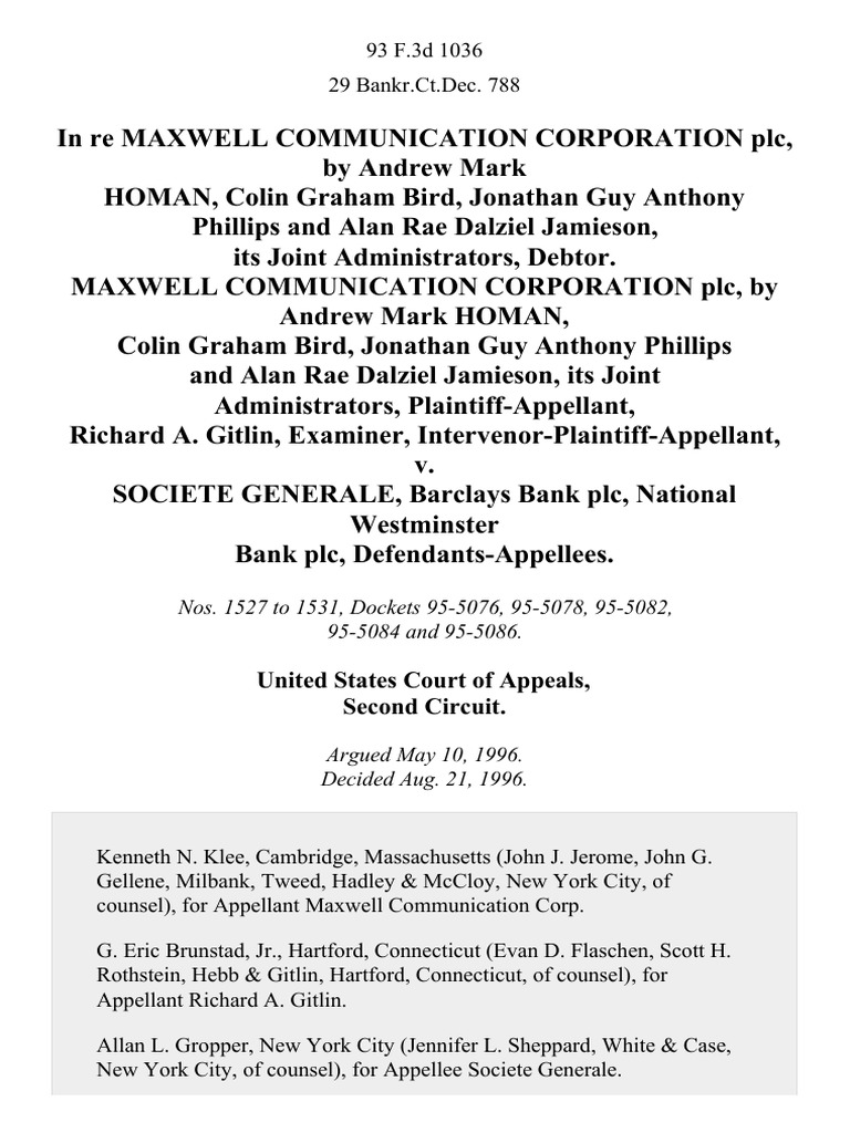 In Re Maxwell Communication Corporation Plc, by Andrew Mark Homan ...