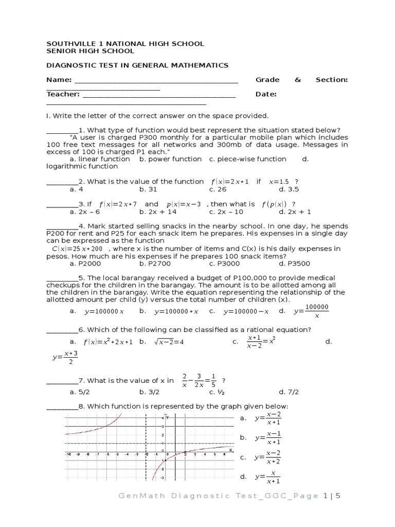 Diagnostic Test General Mathematics | PDF | Present Value | Interest
