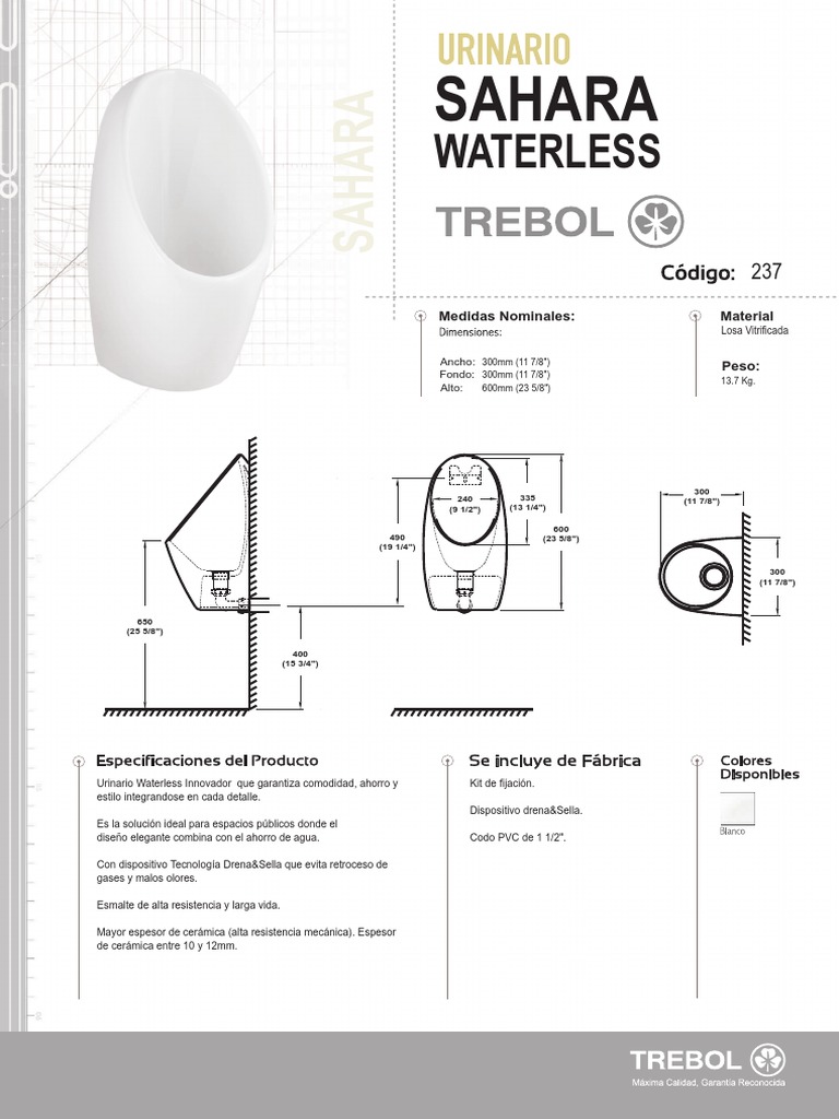 SANITARIOS - Ficha Tecnica de Urinario Sahara Waterless PDF | PDF