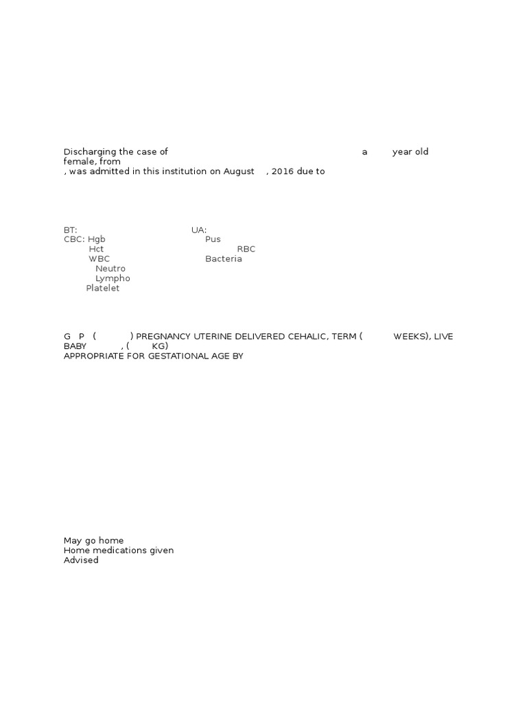 BT: UA: CBC: HGB Pus HCT RBC WBC Bacteria Neutro Lympho Platelet | PDF
