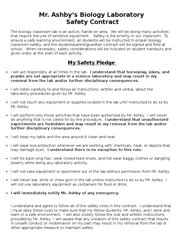Biology Lab Safety Contract Guidelines | PDF