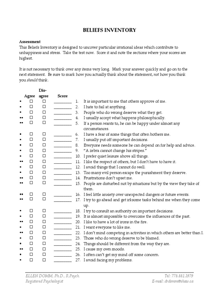 Beliefs Inventory | PDF | Anxiety | Psychology