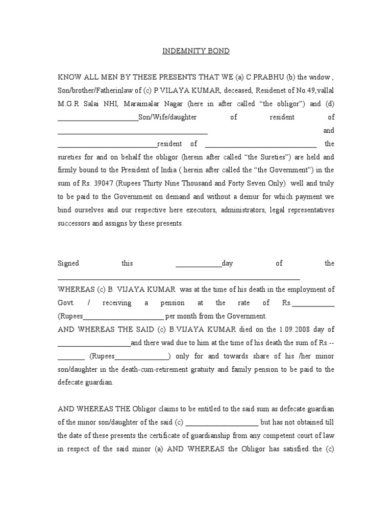 Indemnity Bond | PDF | Indemnity | Private Law