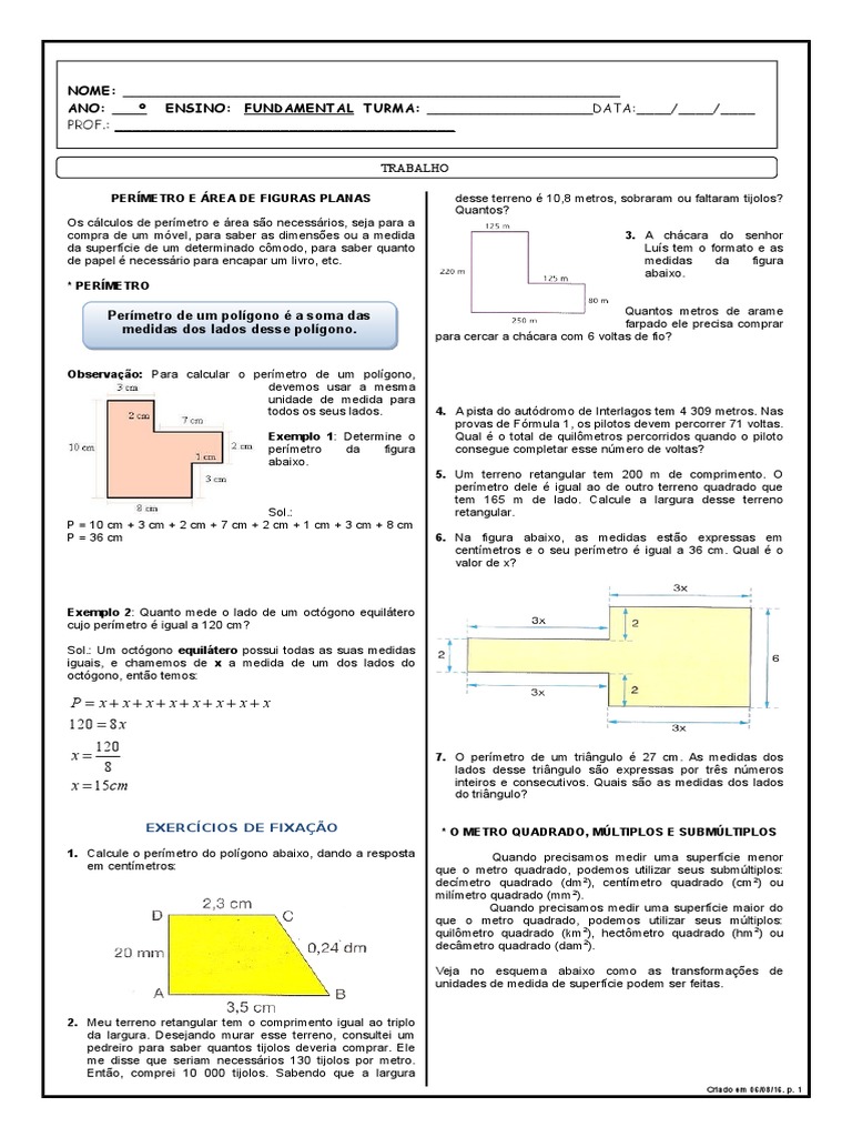Cálculo de perímetros e áreas de figuras planas: quadrados, retângulos ...