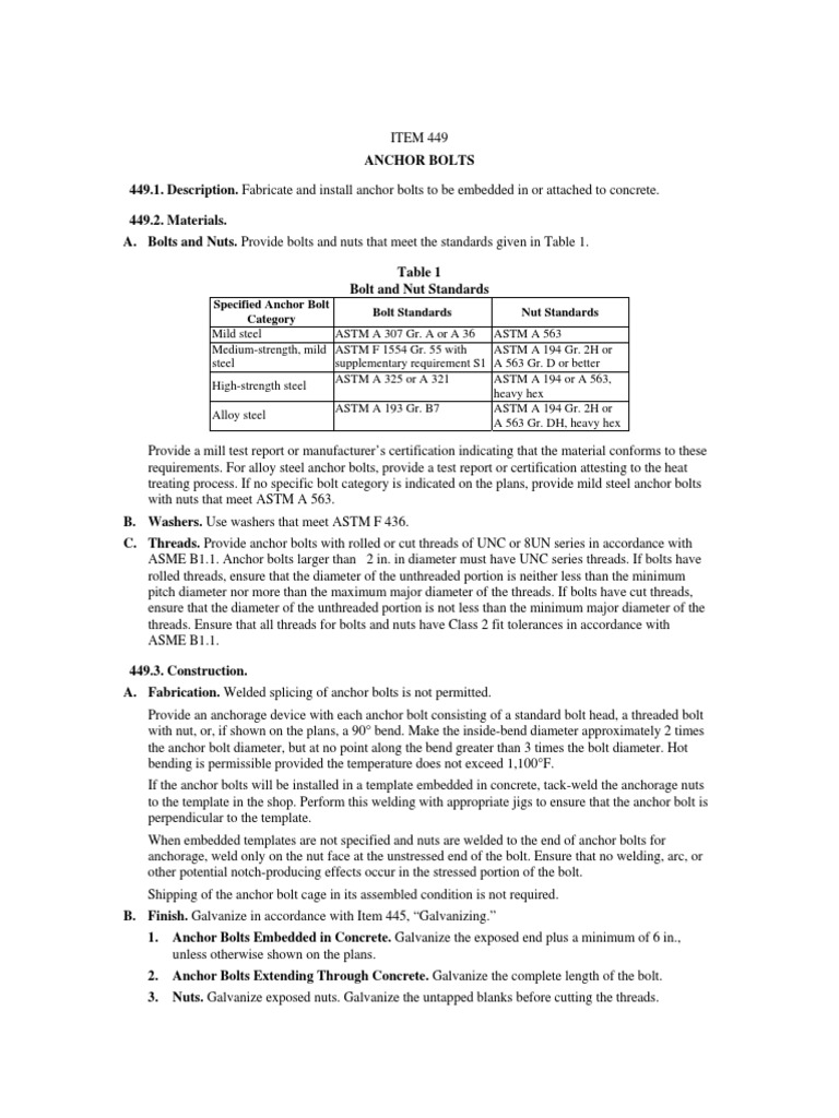 Specified Anchor Bolt Category Bolt Standards Nut Standards | PDF