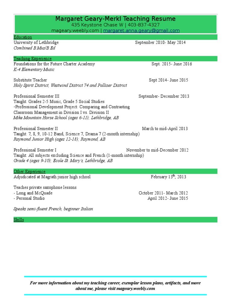 Margaret Geary-Merkl Teaching Resume | PDF | Applied Psychology ...