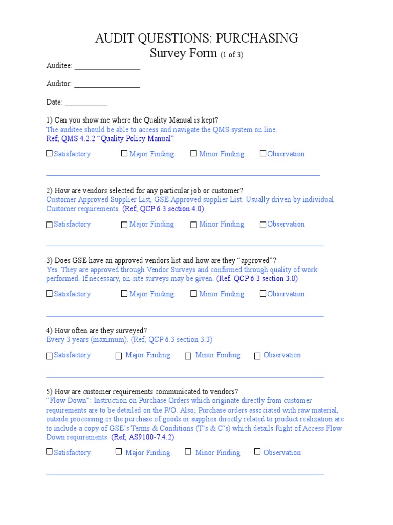 Purchasing Audit Questions Checklist | PDF | Audit | Business