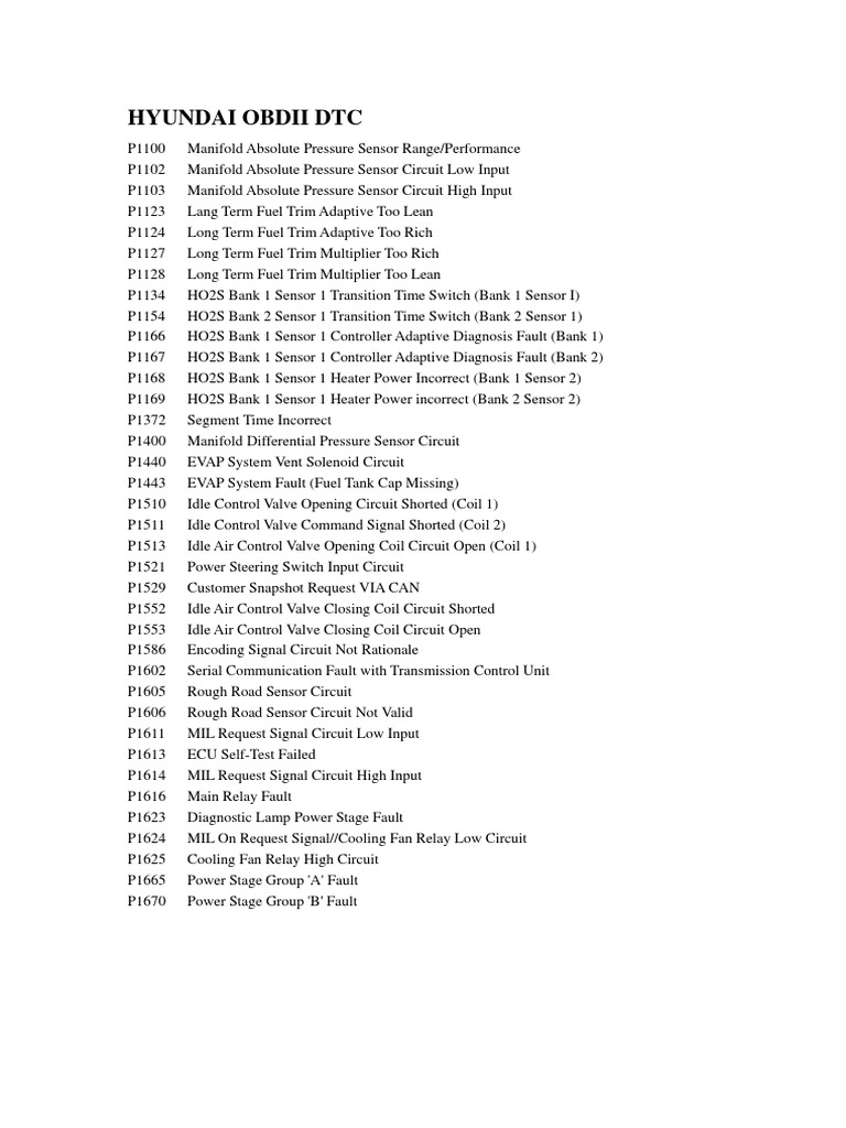 Trouble Codes Hyundai | PDF | Computers | Technology & Engineering