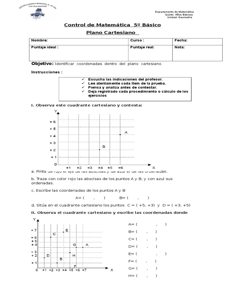 Guia de Plano Cartesiano Quinto Basico