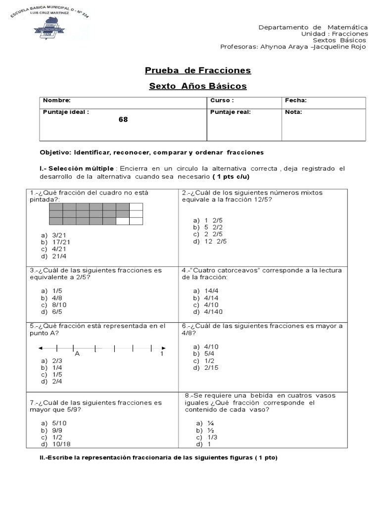 Prueba de Fracciones Sexto Basico | Fracción (Matemáticas ...