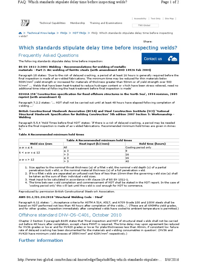 TWI FAQ Which Stds Stipulate Delay Time Before Insp Welds | PDF ...