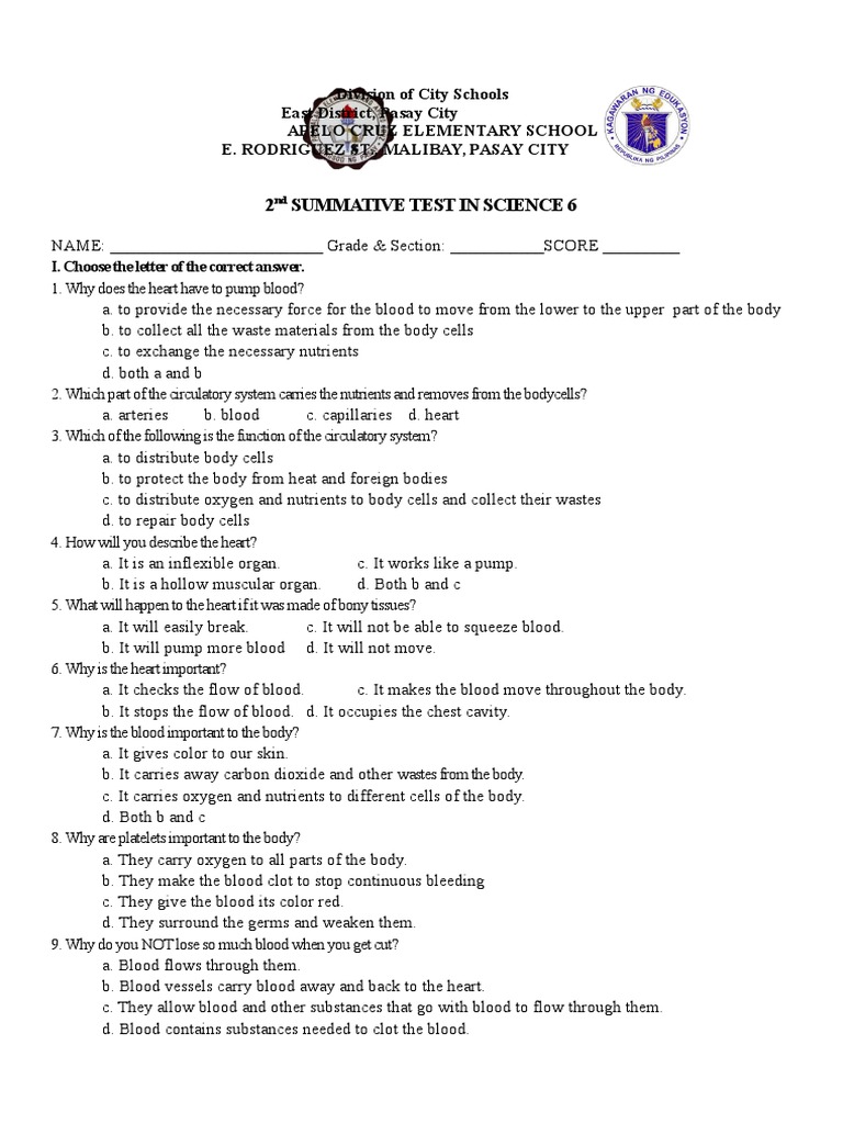 Summative Test No. 2 Science | PDF | Human Body | Blood