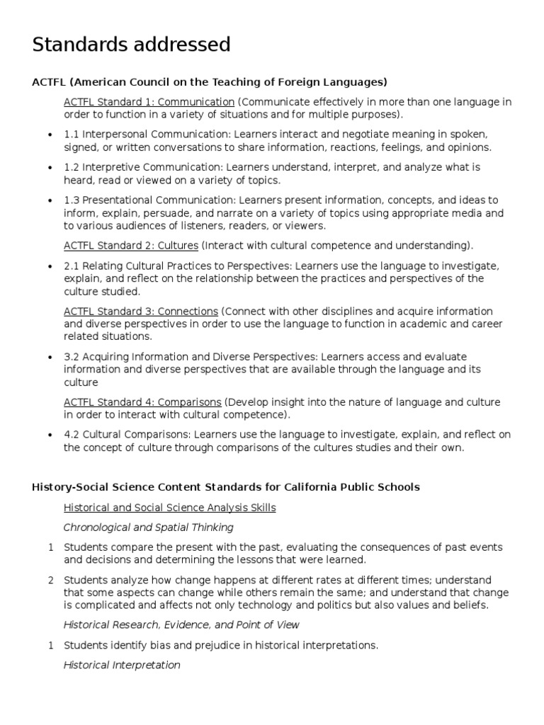Standards Addressed: ACTFL (American Council On The Teaching of Foreign ...