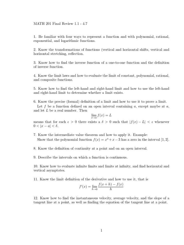 MATH 201 Final Review Guide | PDF | Derivative | Trigonometric Functions